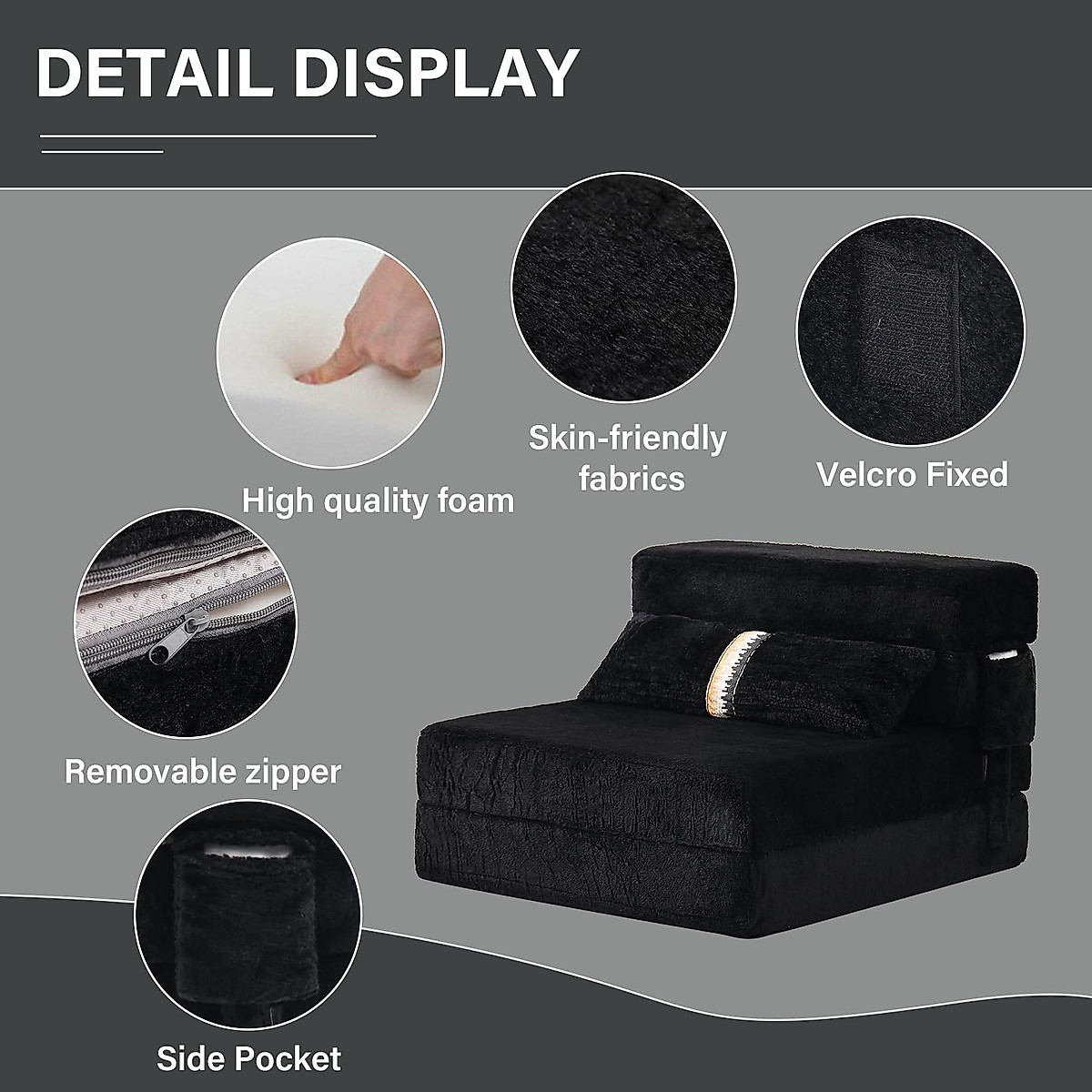 Tiita Folding Sofa Bed Couch, Single Size Foldable Futon Chair Bed with Pillow, Folding Sleeper Sofa Chair Bed Floor Mattress for Guest Room, Living Room, Black