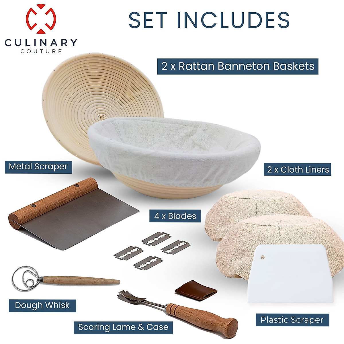 Culinary Couture Proofing Basket Set - Includes 2 Rattan Banneton Baskets & Linen Liners, Metal Scraper, Plastic Scraper, Scoring Lame, Dough Whisk, 5 Blades with Case - Complete Sourdough Starter Kit