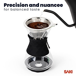 SAKI Pour Over Coffee Maker with Double Layer Stainless Steel Filter, Silicone Lid, Coffee Dripper Brewer, Heat Resistant Borosilicate Pour Over Carafe, 24 Ounce