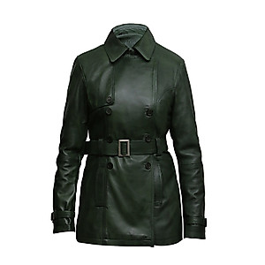 Brandslock Womens Genuine Leather Biker Jacket Coat (Olive, L)