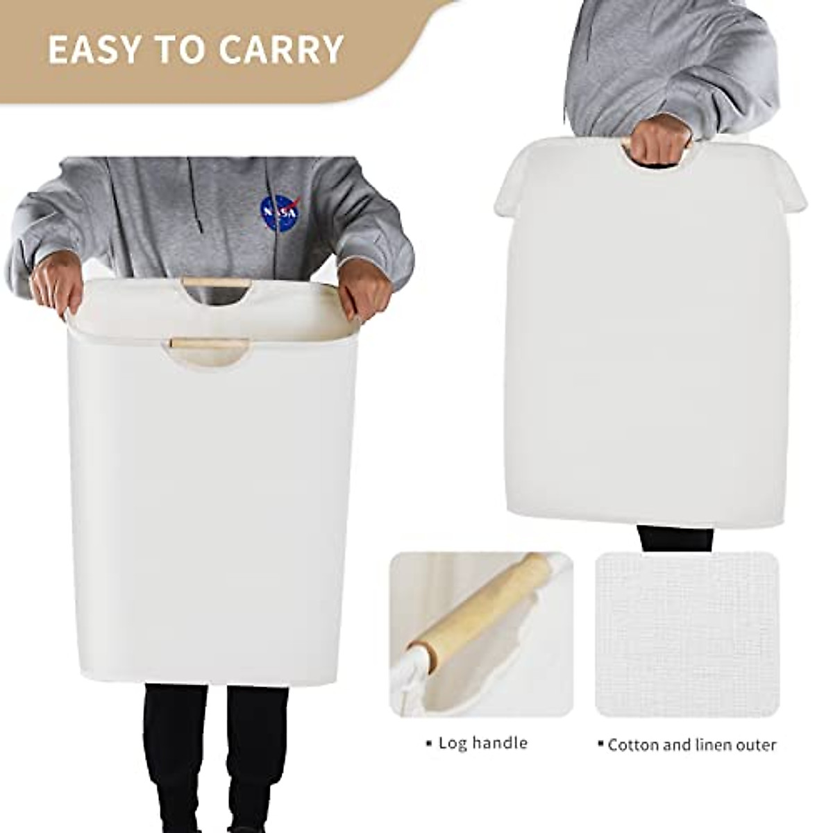 NONAKO 56L Large Laundry Baskets - Collapsible Clothes Hamper with Waterproof Lining, Durable Linen Laundry Bin for Bedroom, Laundry Room, Closet, Bathroom, Laundry Bag Stands Up Well