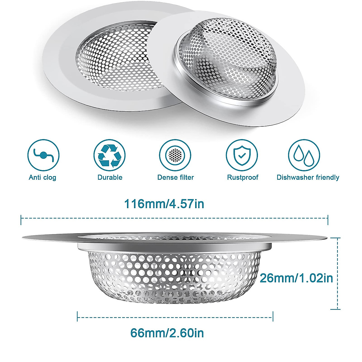 2PCS Kitchen Sink Strainer, Stainless Steel Sink Drain Strainer, Large Wide Rim 4.5" Diameter, Food Catcher for Most Sink Drains Kitchen Sink Basket Strainer
