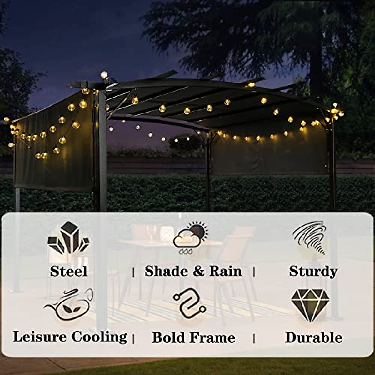 12 X 9 FT Gazebo Outdoor Waterproof Outdoor Grape Shade Canopy Tent with Retractable Shade Canopy, Sturdy Retractable Pergola for Grill, Yard, Commercial