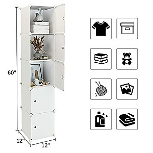 Aeitc Cube Organizer 5-Cube (11.8inx11.8in) Narrow Cabinet Closet Storage Shelves Plastic Storage Shelving for Bedroom, Living Room, Office, White with Doors