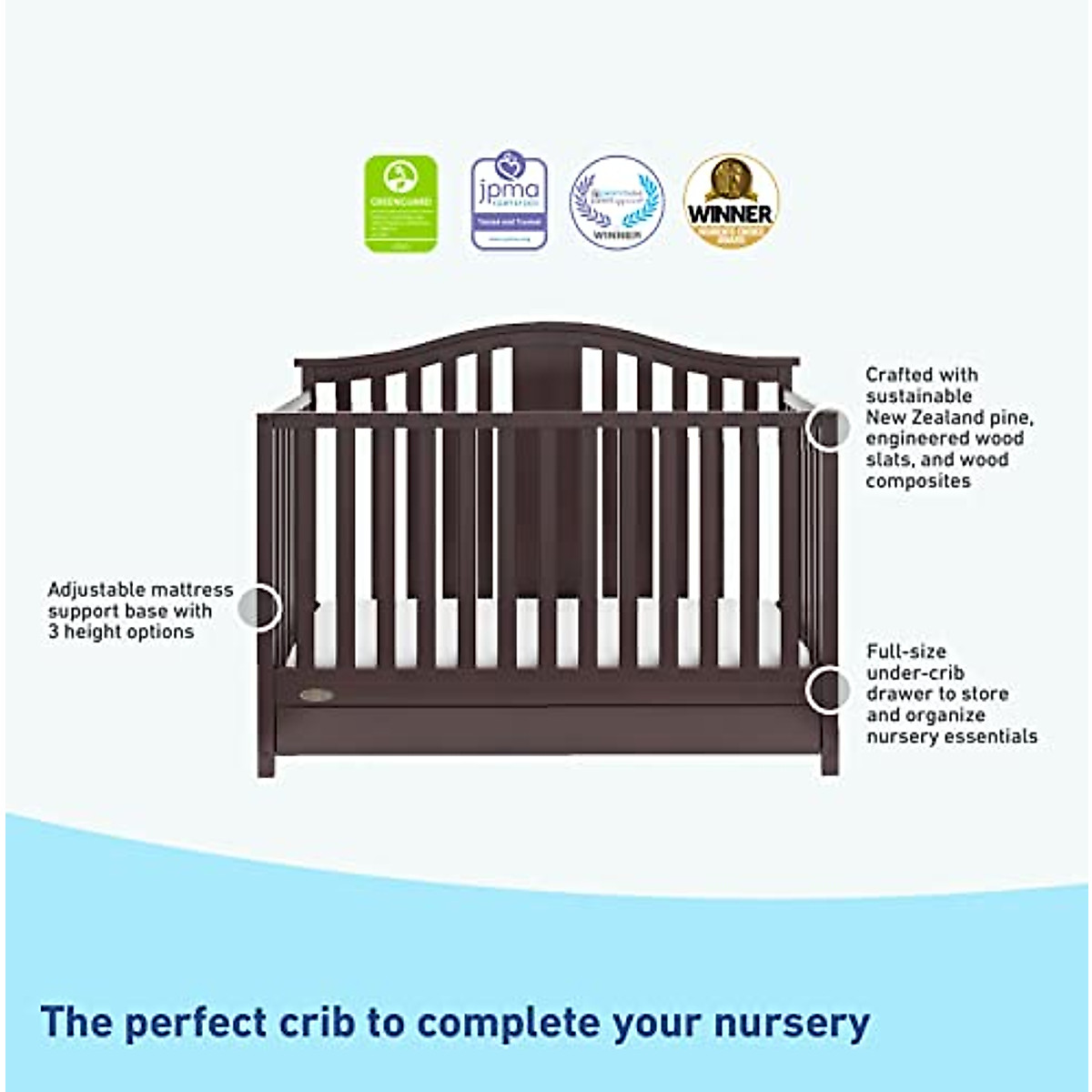 Graco Solano 5-in-1 Convertible Crib with Drawer (Espresso) – GREENGUARD Gold Certified, Crib with Drawer Combo, Includes Full-Size Nursery Storage Drawer, Converts to Toddler Bed and Full-Size Bed