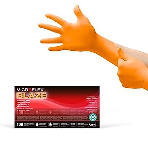 Ansell Microflex Blaze N48 7mil Disposable Nitrile Gloves w/Extended Cuff for Automotive, Oil, Mining - XX-Large, Orange (Box of 100)