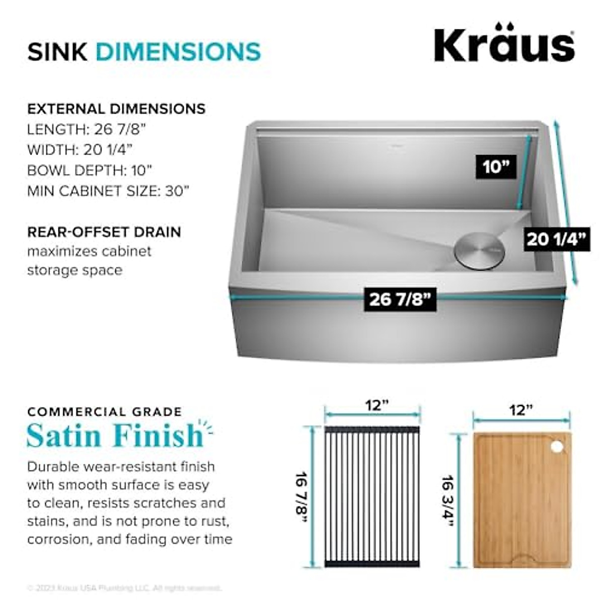 KRAUS Kore 27-Inch Farmhouse Workstation 16 Gauge Single Bowl Stainless Steel Kitchen Sink with Accessories, KWF210-27