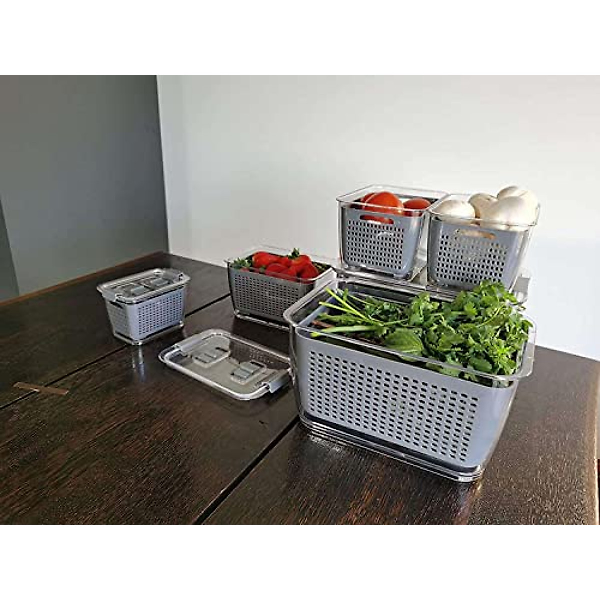 Momo's House 3 Piece Double Drain Basket Containers for Vegetable Fruit Storage Set - BPA-free Draining Crisper with Colander, Fridge Organizers, Storing Fruits Vegetables Meat Fresh Fish