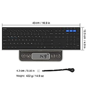 Arteck HB192 Universal Bluetooth Keyboard Multi-Device Stainless Steel Full Size Wireless Keyboard for Windows iOS Android Computer Desktop Laptop Surface Tablet Smartphone Rechargeable Battery