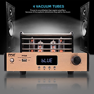 Pyle Bluetooth Tube Amplifier Stereo Receiver - 1000W Home Audio Desktop Stereo Vacuum Hi-Fi Power Amplifier Receiver w/ 4 Vacuum Tubes, USB/CD/DVD Input, Optical/Coaxial, Subwoofer Output - PVTA90