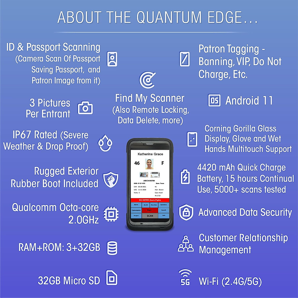 ID Scanner - Drivers License and Passport Scanner and Reader - Age Verification and Customer Management - Quantum Edge V3 Includes Handheld Scanner, Outer Carry Case, & Accessories