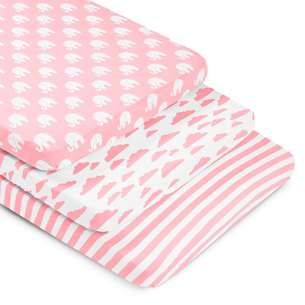 BaeBae Goods Fitted Baby Crib Sheets for Girls, 3 Pack, Soft and Breathable Jersey Cotton, Pink and White, Cute Girly Nursery Mattress Bedding, Universal Fit