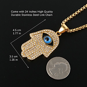 HZMAN 18k Gold Plated Iced Out CZ Stainless Steel Blue Evil Eye Beads Fatima Hamsa Hand Pendant Necklace (Gold)