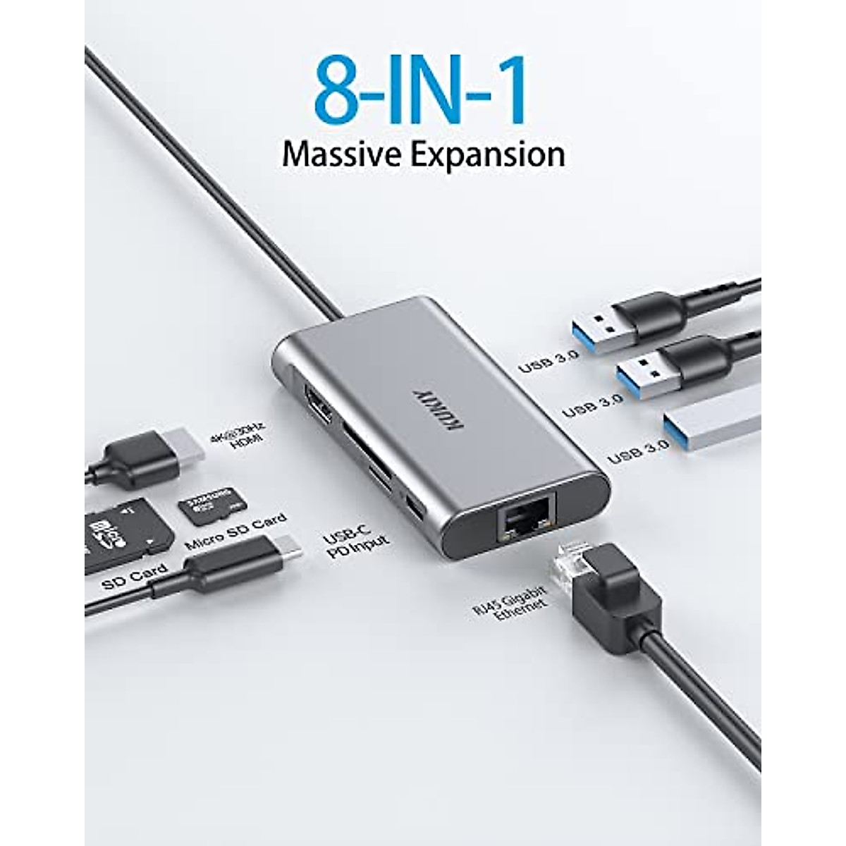 USB C Hub 8-in-1 with 4K HDMI, KUKIY Gigabit Ethernet, 3 USB 3.0, 100W PD Charging and SD&Micro SD Card Reader USB C Adapter Aluminum for MacBook Pro/Air (Thunderbolt 3)