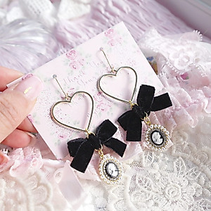 Dainty Rococo Black Velvet Bow Cameo Lady head pendant Gold Heart Earrings (Dangle/Clip On), Cute Kawaii Victorian Style Jewelry (Clip On Earrings)
