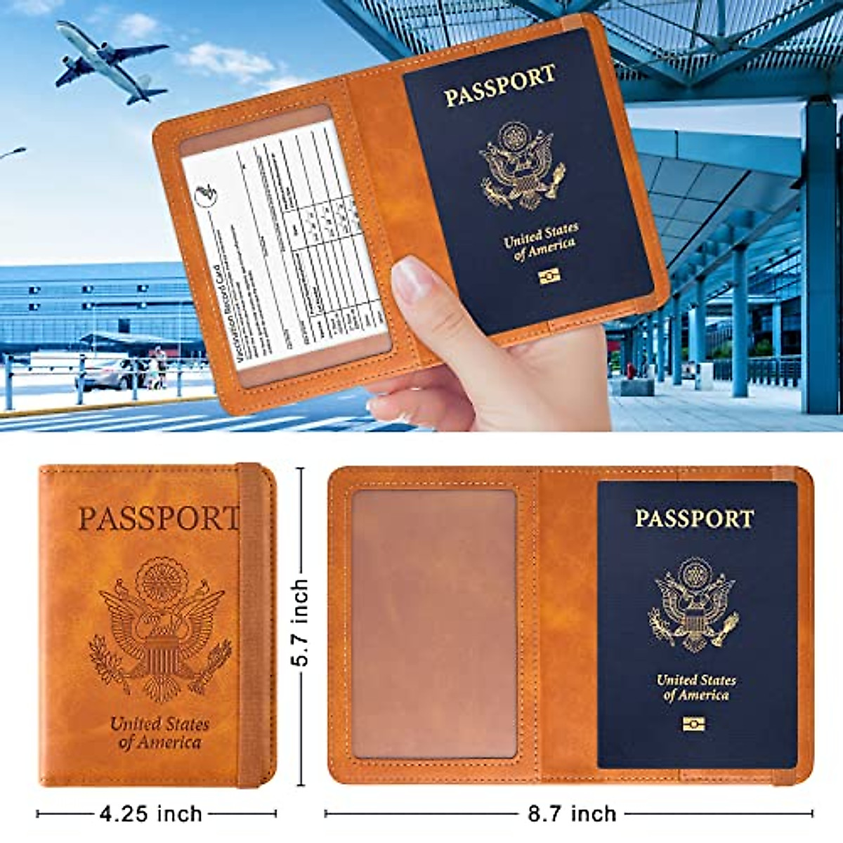 ACdream Passport and Vaccine Card Holder Combo, Leather Cover Case with Vaccination Card Slot, Travel Essentials Protector Organizer for International Documents, Protection Sleeve Couch, Calf Brown