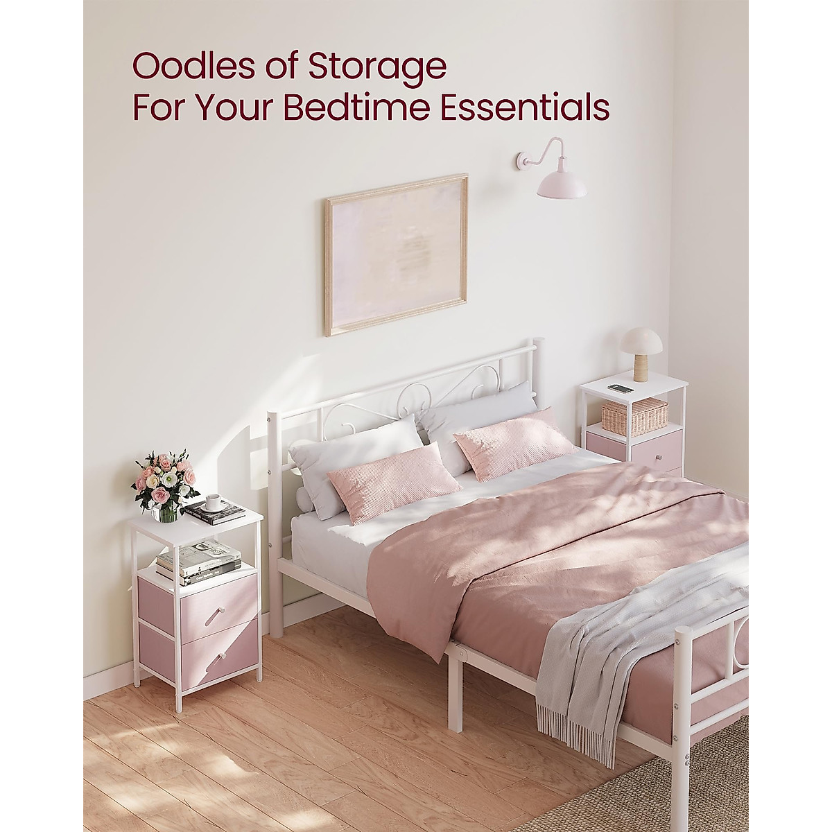 VASAGLE Nightstand, Side Table with 2 Fabric Drawers, 24-Inch Tall End Table with Storage Shelf, Bedroom, Jelly Pink and White ULGS025R05