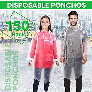 Pasimy 150 Pcs Disposable Rain Ponchos Bulk for Adults Emergency Ponchos with Hood for Man Women Travelling Camping Hiking(Clear)
