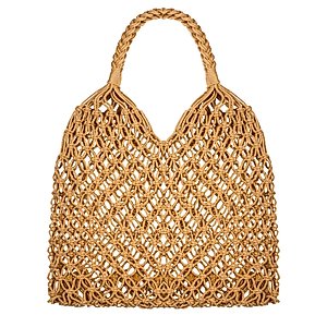 Travel Beach Fishing Net Handbag Woven Shoulder Bag Cotton Rope Macrame Bag Mesh Beach Bag Crochet Knit Purse for Women(Camel)