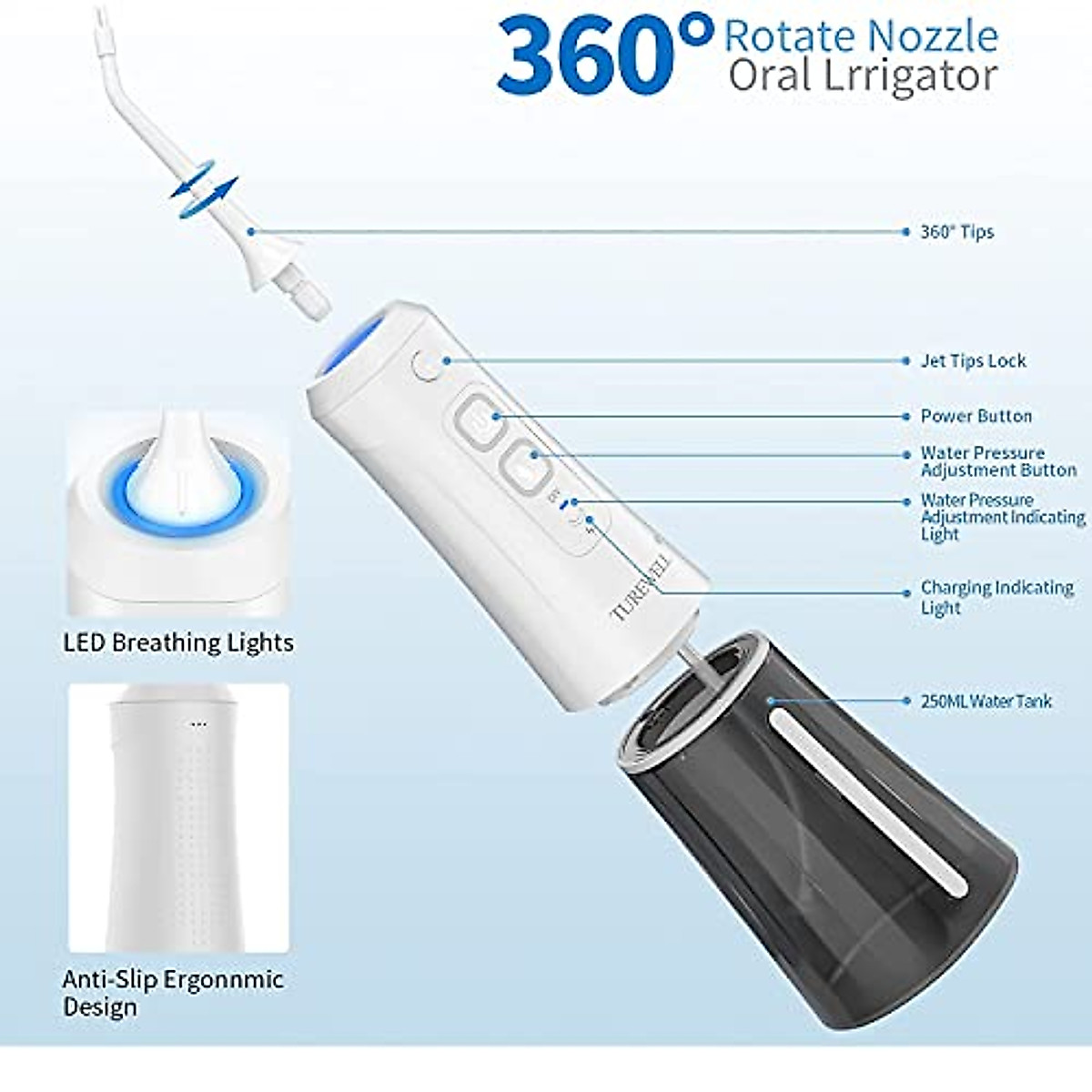 TUREWELL Water Flosser Cordless, Oral Irrigator for Teeth, Portable Waterpick with DIY Mode and 3 Replacement Jets, IPX7 Waterproof Electric Dental Flosser for Travel/Home/Braces (White)