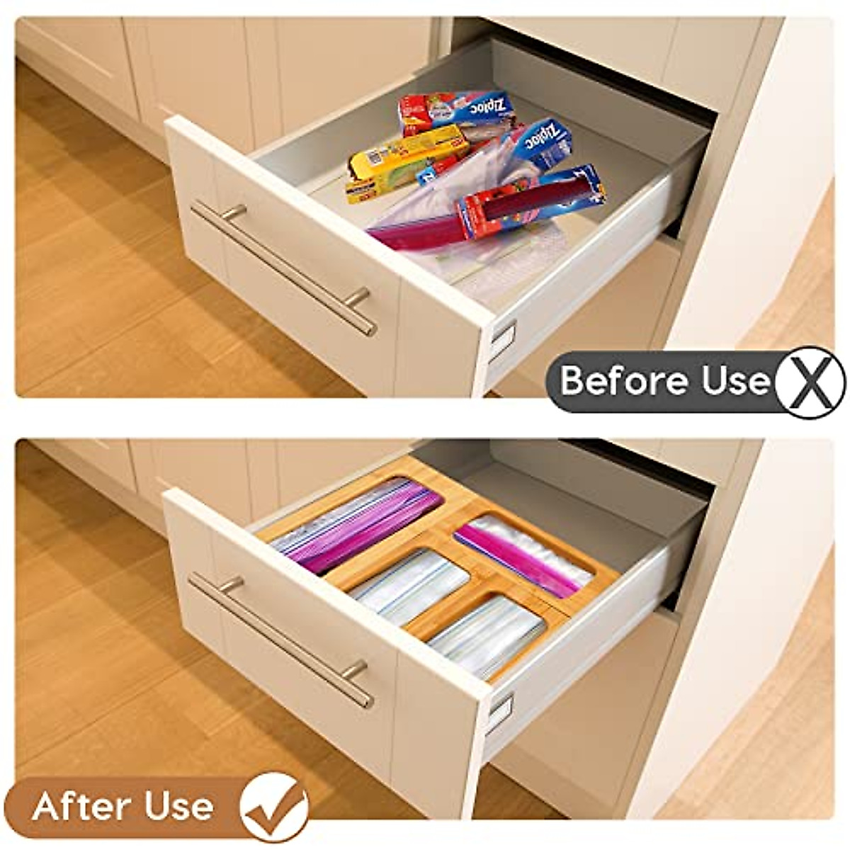 Bamboo Storage Bag Bamboo Kitchen Organizer Pack of 4 Organizers for Drawer Suitable for Gallon Quart Sandwich Snack Slider Bags Compatible with Ziploc Solimo Glad Hefty