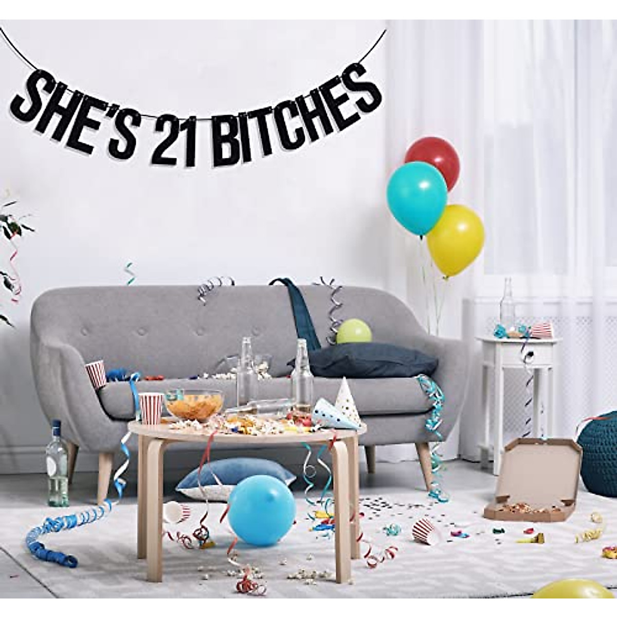 She's 21 Bitches Banner, Girls 21st Birthday Party Decorations, Cheers to 21 Years, 21st Birthday Decorations for Women Black Glitter