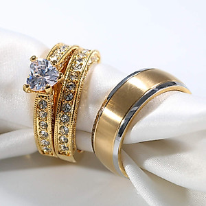 2 Rings His and Hers Couple Rings Bridal Sets Yellow Gold Plated Heart Cz Womens Wedding Ring Sets Tungsten carbide Man Wedding Bands