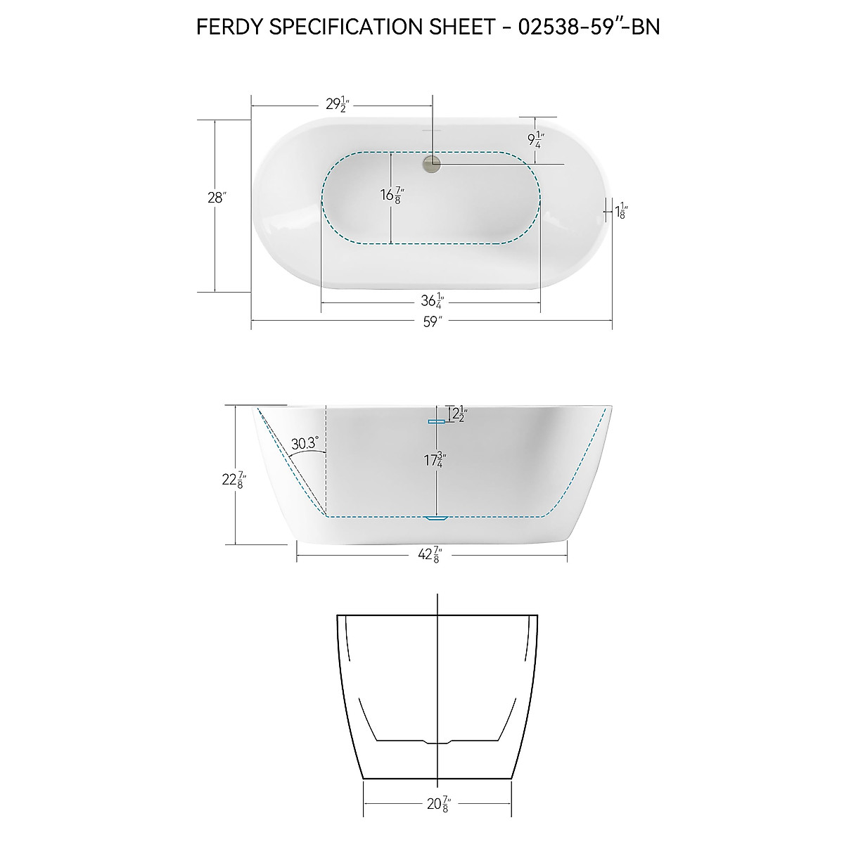 FerdY Bali 55"x28" Freestanding Bathtub, Modern Oval Acrylic Soaking Bathtub with Brushed Nickel Drain, Integrated Slotted Overflow, Glossy White, cUPC Certified, 02538