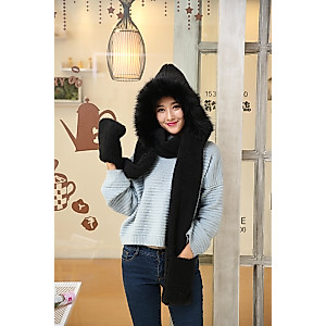 Winter Warm Women Hoodie Hat/Scarf/Gloves Set Soft Plush Thick Warm Hat
