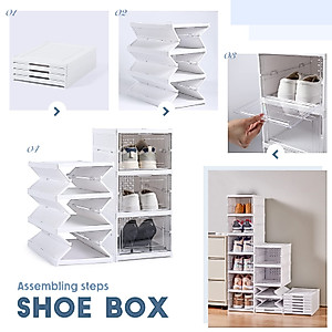 Qunclay 12 Pairs Foldable Shoe Storage Boxes Include 4 Pcs 3 Layer Stackable Clear Shoes Rack Organizer Solid Hard Plastic Shoe Containers for Closet Bedroom Shoe Organizer Sneakers Display