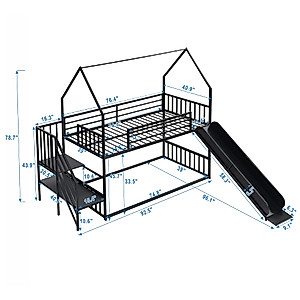 House Bunk Bed Twin Over Twin, Low Bunk Bed with Slide and Storage Stairs, Heavy-Duty Metal Playhouse Bunk Bed Frame for Kids Boys Girls Teens, Black