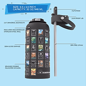National Parks Water Bottle With Waterproof Stickers Wrap Around- Stainless Steel Insulated Vacuum Sealed 32 oz With Leak Proof Lid (National Park BLACK)