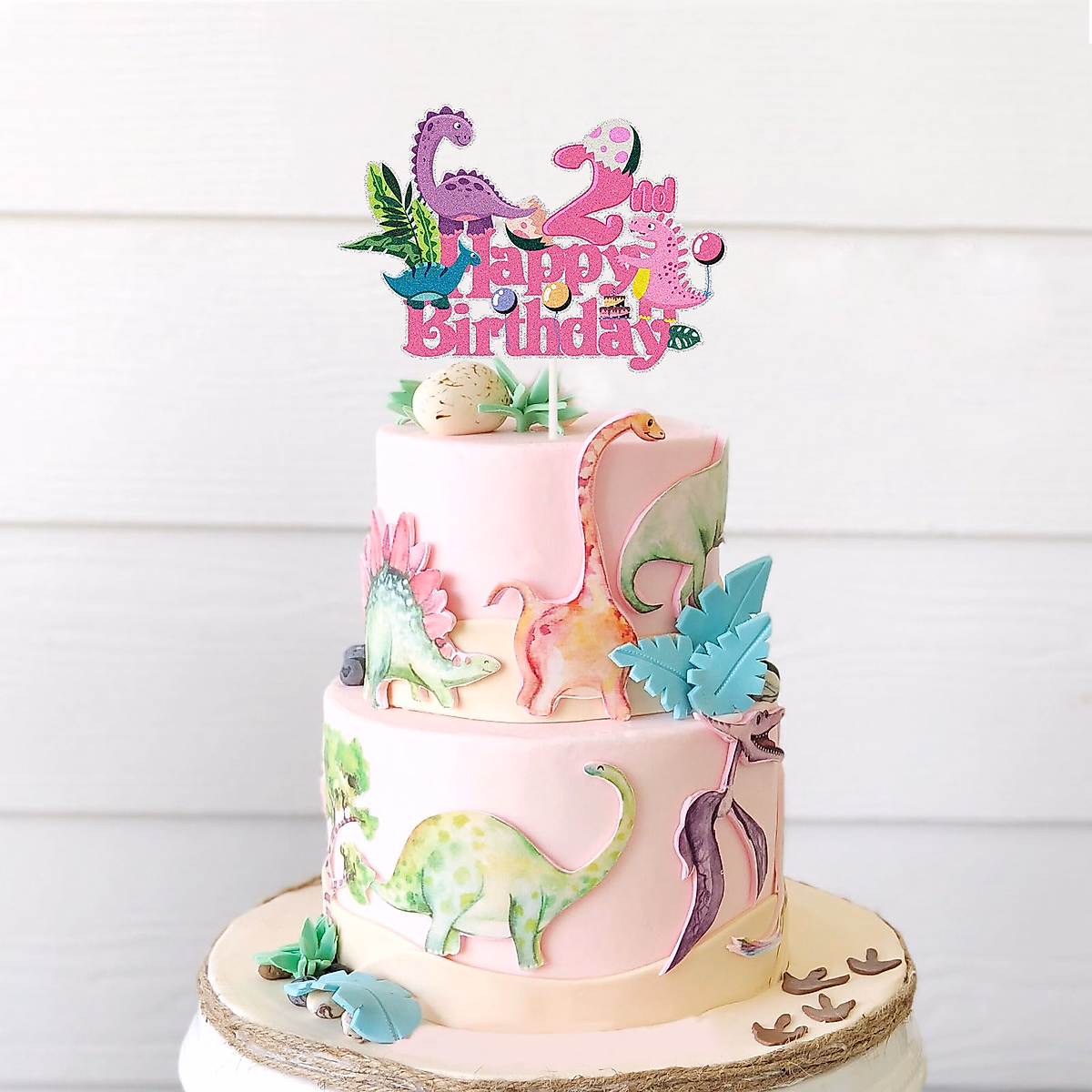 Pink Dinosaur Happy 2nd Birthday Cake Topper, Royal Princess Second Birthday Number 2 Girl Dinosaur Cake Pick,Dino Theme Baby Shower Kids Girls 2 Years Old Party Decorations
