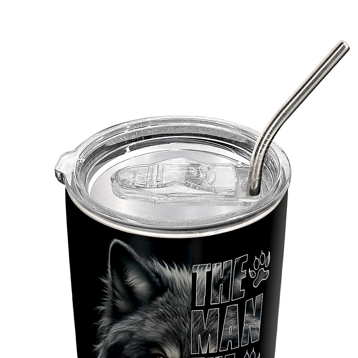 20oz Wolf Tumbler, Wolf Man Nutrition Fact The Man The Myth The Legend, Wolves Gifts, Coffee Thermos for Men, Stainless Steel Double Wall Vacuum Insulated Coffee Mug, Travel Cup with Lid