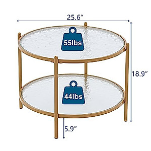 VINGLI 25.6" Small Matte Gold Round Coffee Table Water-Wave Glass Circle Clear Coffee Table, Center Table with 2-Tier Modern Storage Design for Living Room, Bedroom, Meeting Room, Balcony, Patio