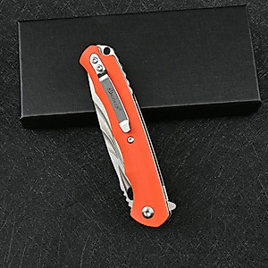 SDOKEDC Best Handmade Damascus Pocket Knife For Men Flipper Folding Hunting Knives With Liner Lock Clip Camping Survival Gear Edc Self Defense Knife (Orange G10)