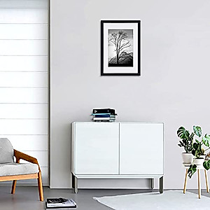 Tree Mountain Wall Art Black and White Landscape Picture Framed Canvas Print in White Matte and Black Framed 11x16 Inch Modern Artwork for Kitchen and Home or Living Room Decor