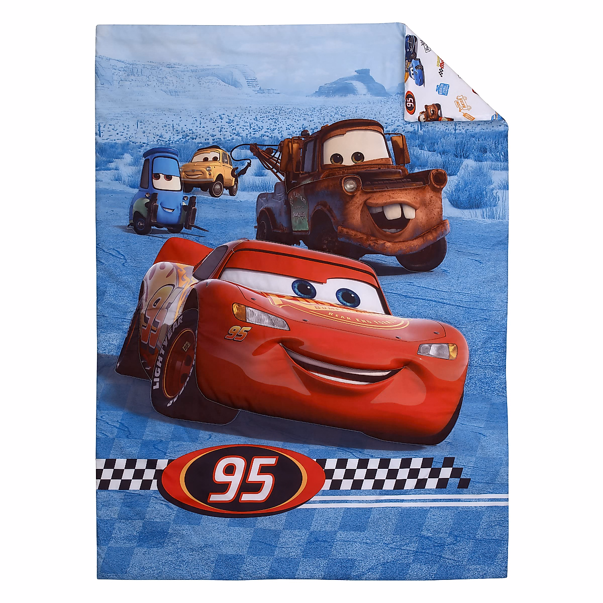 Disney Cars Radiator Springs White, Blue, and Red Lightning McQueen and Tow-Mater 4 Piece Toddler Bed Set - Comforter, Fitted Bottom Sheet, Flat Top Sheet and Reversible Pillowcase