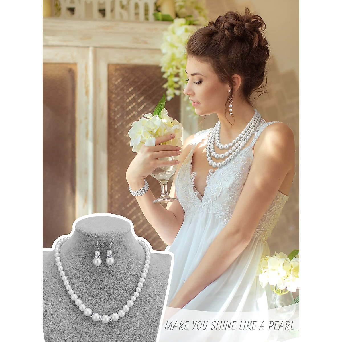 BBTO 8 Pcs Pearl Necklace and Earrings Set for Women Pearl Jewelry Set Faux Pearl Necklace Earrings Simulated Pearl Bracelets (Elegant Style)