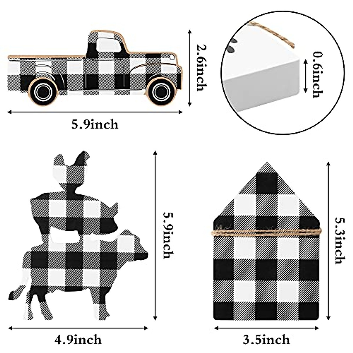 R HORSE 3Pcs Wooden Farmhouse Buffalo Plaid Tiered Tray Decoration Black& White Plaid Rustic Farmhouse Tray Sign Double Printed Farmhouse Shelf Buffalo Plaid Decor for Christmas New Year Photo Prop