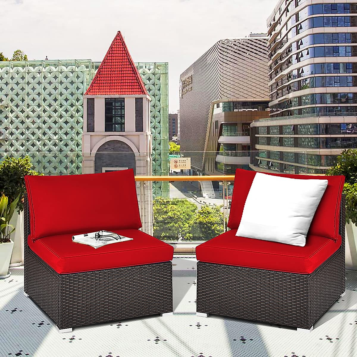 Tangkula 2 PCS Outdoor Wicker Armless Sofa, Patio Rattan Sectional Sofa Set w/2 Thick Seat Cushions and 2 Back Cushions, Additional Seats for Balcony Garden Patio Poolside (Red)