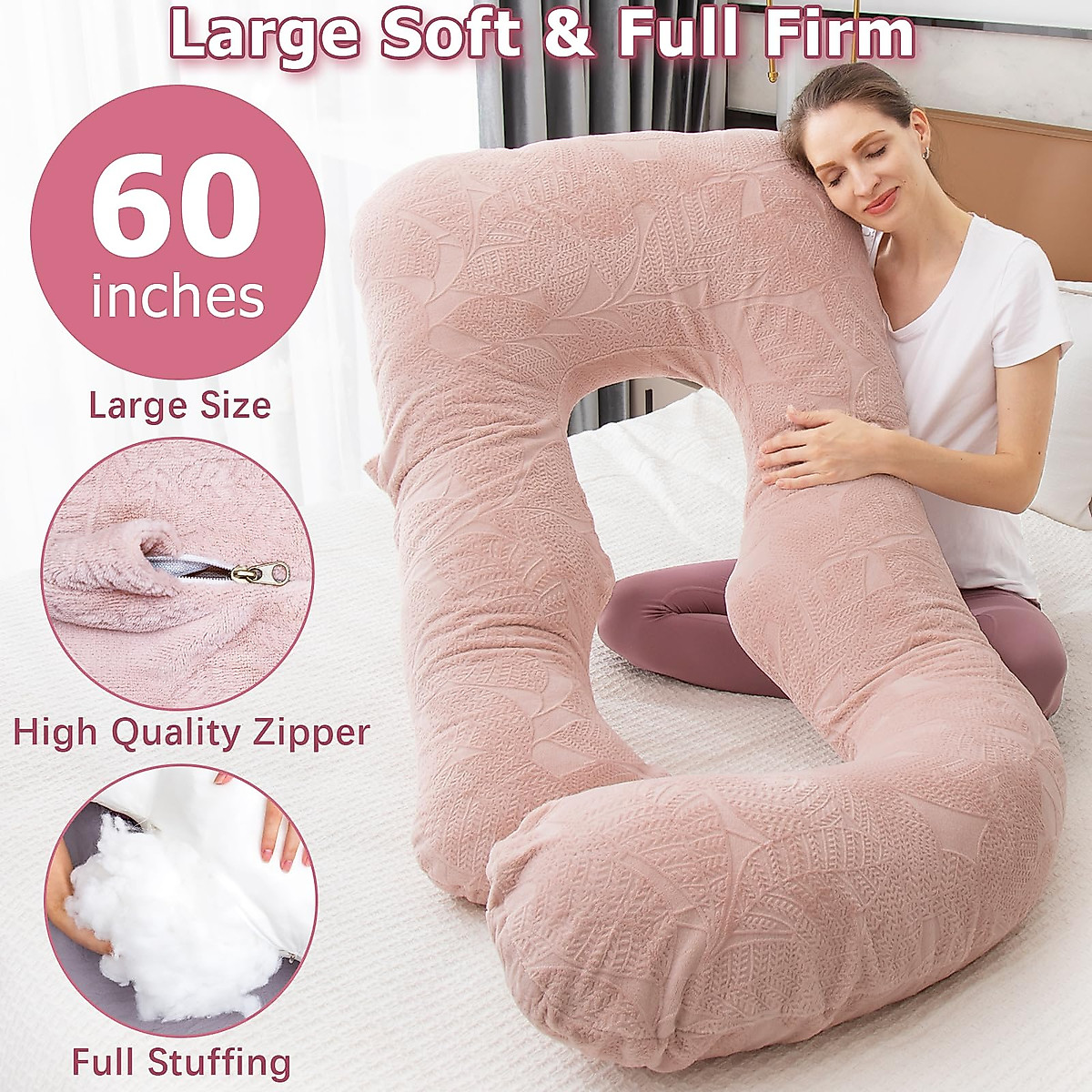 MOON PINE Pregnancy Pillow, U Shaped Full Body Pillow for Maternity Support, Sleeping Pillow with Cover for Pregnant Women (Dusty Pink)