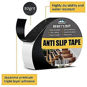 Grip Tape - Heavy Duty Anti Slip Tape 80 Grit Non Slip for Stairs Outdoor/Indoor, Waterproof High Traction Stairs Non Skid Treads, Durable Triple Layer Adhesive - Black (1 Inch x 20 Feet)