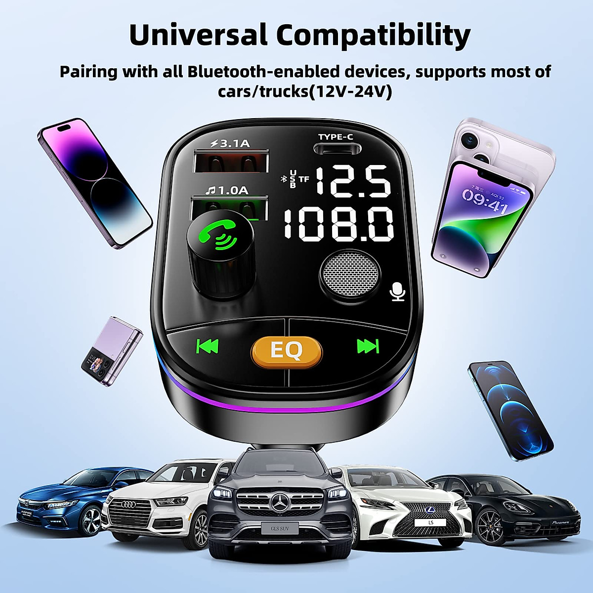 Bluetooth 5.0 FM Transmitter for Car - Cigarette Lighter Aux Port Car Wireless MP3 Adapter with Microphone HiFi Bass Sound Music Adaptor Radio Transmitter & USB PD Fast Charging Port car Accesories