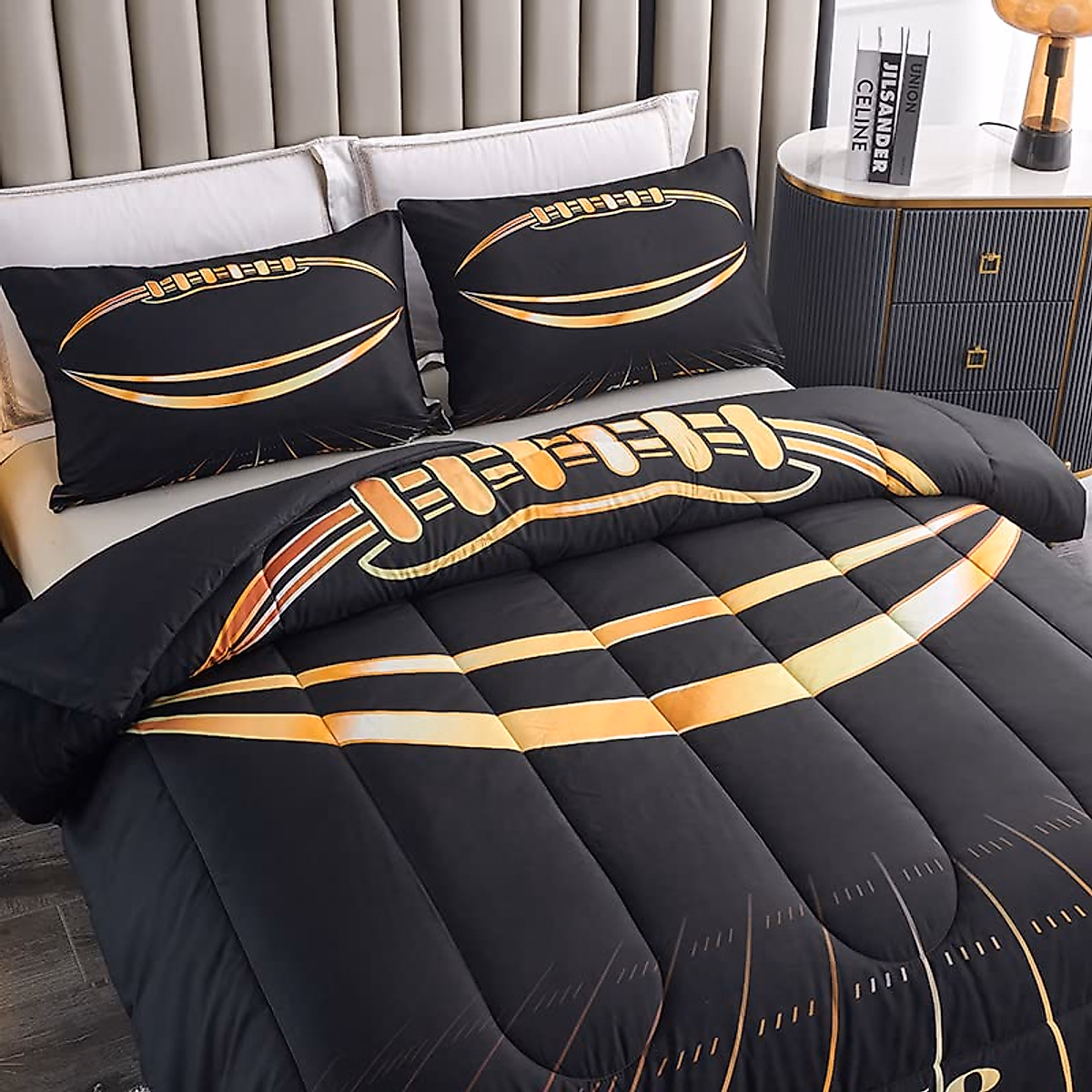 Helloosuu Boys Comforter Set, Twin Size, Football Themed, 3 PCS Including 1 Comforter & 2 Pillowcases, All Season Use, Black and Gold