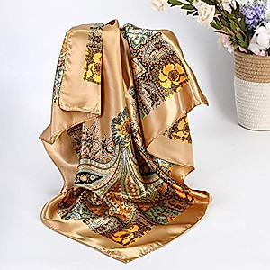 AWAYTR Satin Large Square Head Scarves - 4PCS Silk Like Neck Scarf Hair Sleeping Wraps Lightweight Satin Silk Scarfs for Women (Cashew(Black/Blue/Camel/Beige))