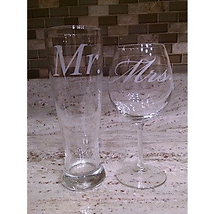 C & M Personal Gifts Wine Glasses (Set of 2) Mr. and Mrs. Engraved Beer Glass and Wine Toasting Glass Set -Clear Glass for Newly Weds Couple, Made in USA