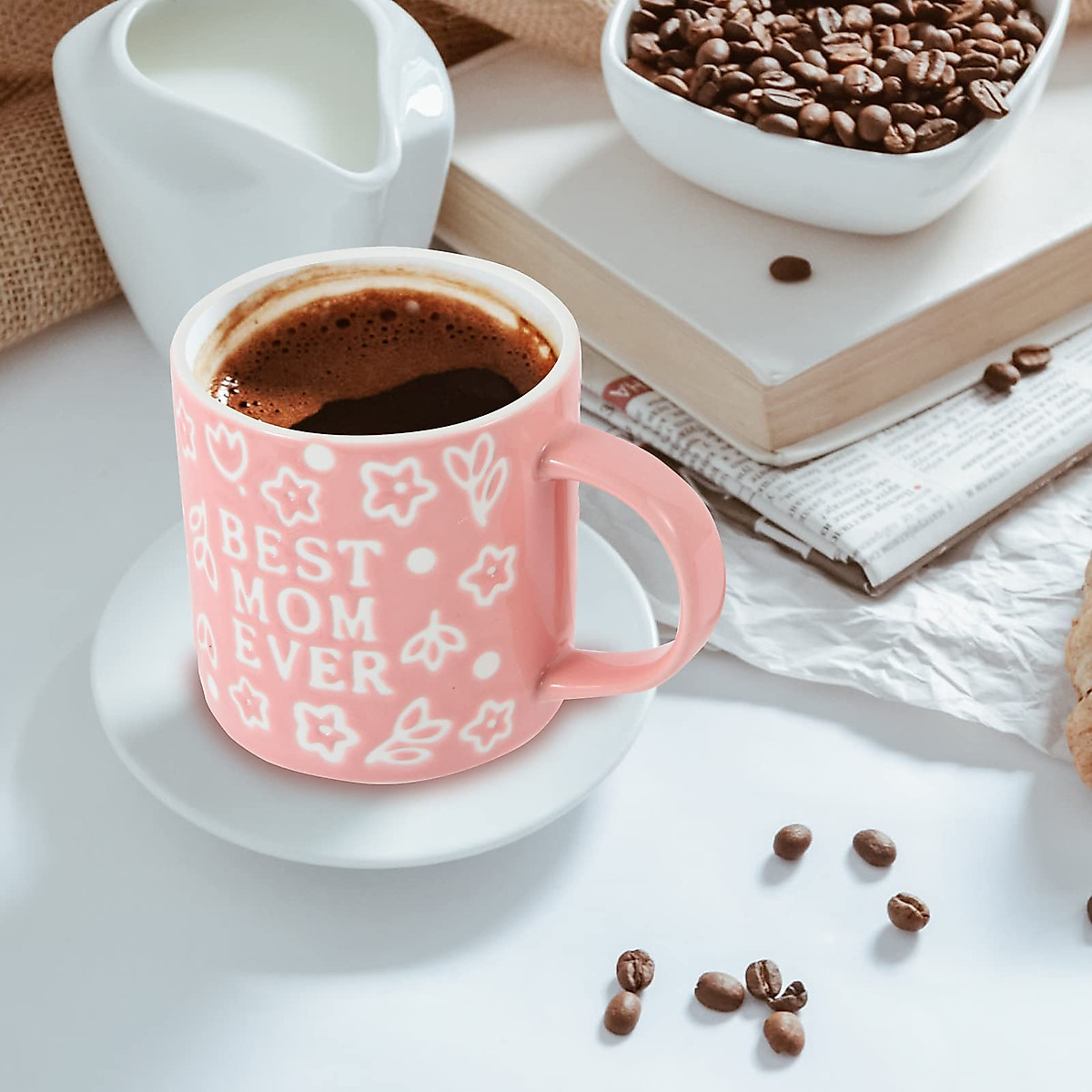 Tergi Gifts for Mom - Mothers Day Birthday Gifts for Mom - Best Mom Mug Gifts for Mom - Best Mom Ever Floral Embossed Pattern Ceramic Coffee Mug 13.5OZ