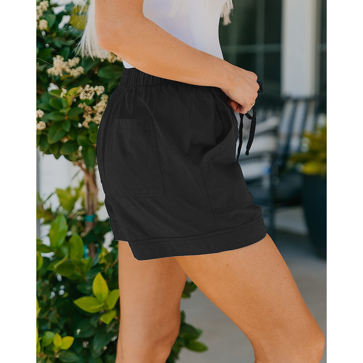 BTFBM Women Casual Shorts Plain Solid Color Elastic Waist Drawstring Summer Beach Lightweight Soft Short Lounge Pants(Solid Black, Large)