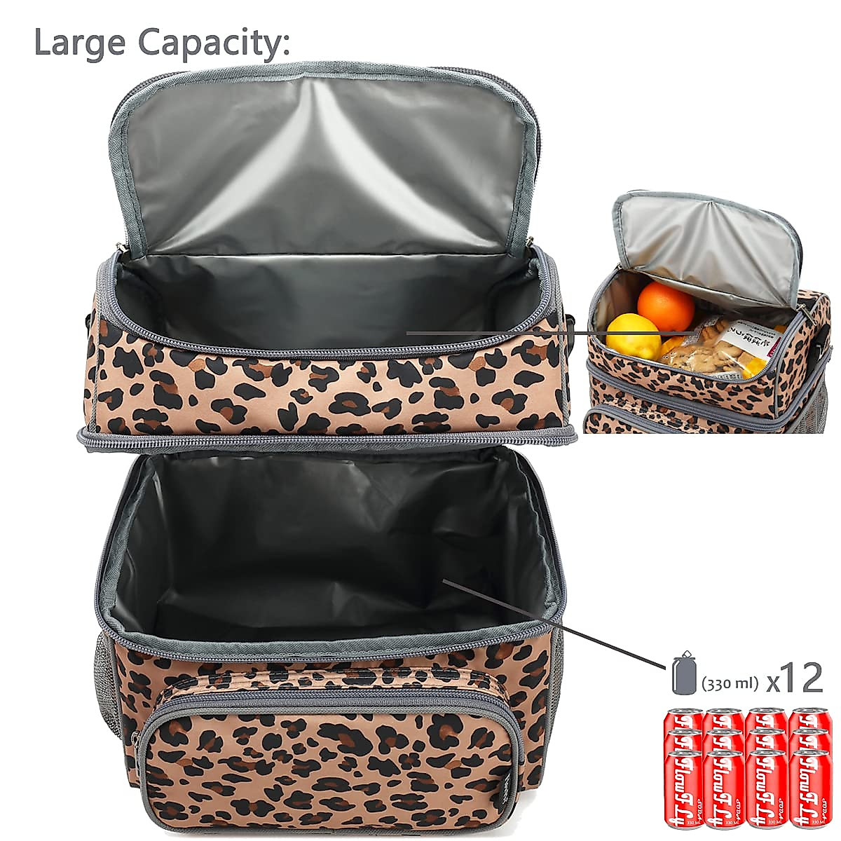 FlowFly Double Layer Cooler Insulated Lunch Bag Adult Lunch Box Large Tote Bag for Men, Women, With Adjustable Strap,Front Pocket and Dual Large Mesh Side Pockets,Leopard